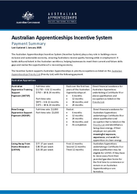 Australian Apprenticeships Incentive System Payment Summary - Department of Employment and ...